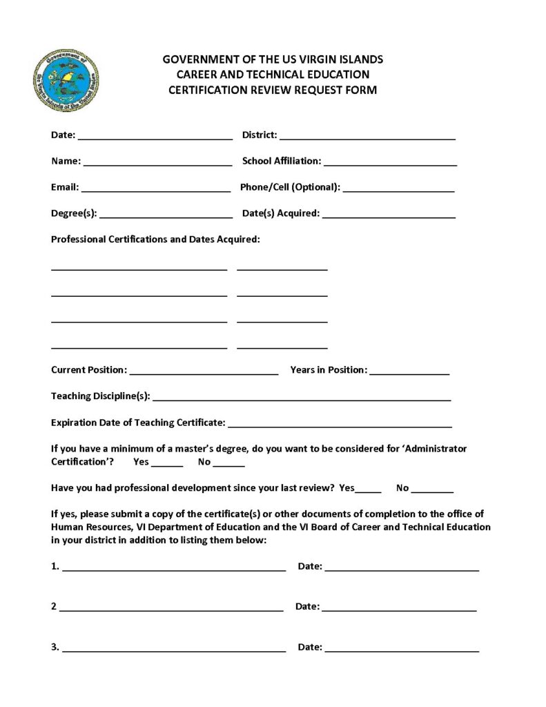CERTIFICATION REVIEW REQUEST FORM – | VIRGIN ISLANDS CAREER AND ...